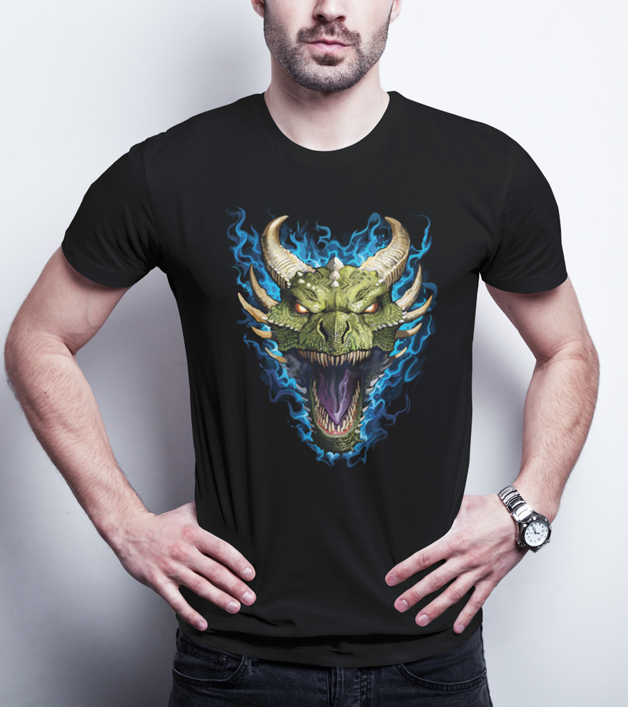 Green Dragon With Blue Flames And Horned Head T-Shirt