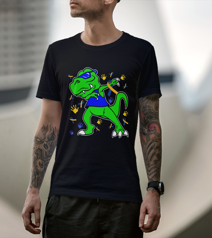 Dabbing Dinosaur With Sunglasses And Autism Awareness Ribbons And Handprints T-Shirt