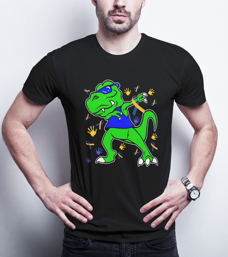 Dabbing Dinosaur With Sunglasses And Autism Awareness Ribbons And Handprints T-Shirt