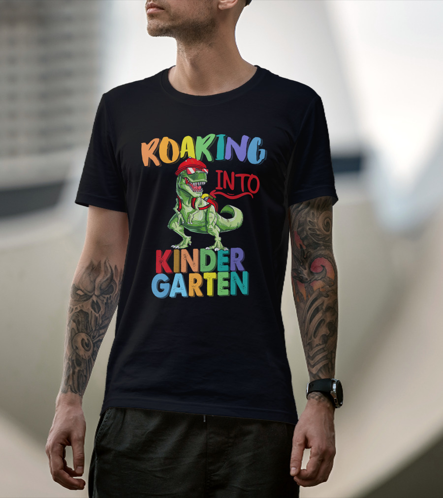 Roaring Into Kinder Garten Dinosaur With Red Cap And Backpack T-Shirt
