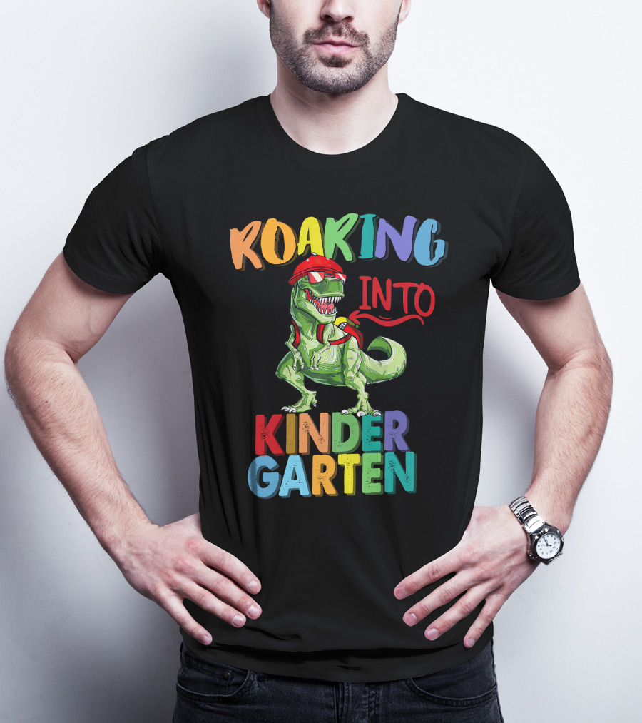 Roaring Into Kinder Garten Dinosaur With Red Cap And Backpack T-Shirt