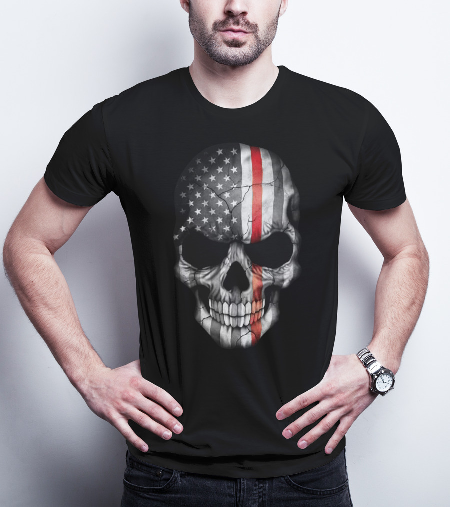 American Flag Thin Red Line Skull T-Shirt