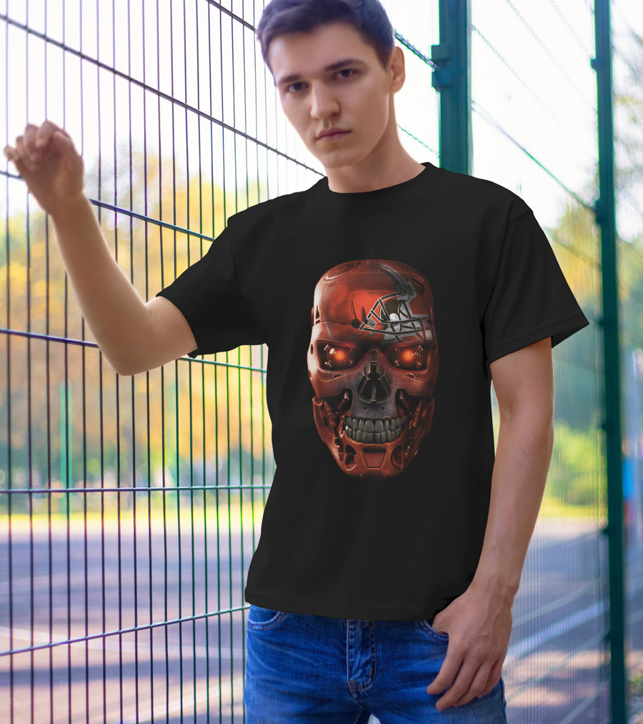 Skull Browns Football Helmet Red Glowing Eyes T-Shirt