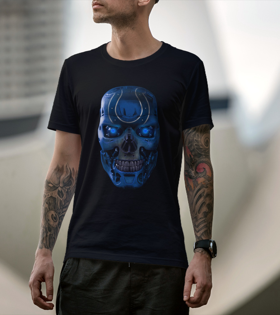 Blue Skull Colts Mechanized Face With Glowing Eyes T-Shirt