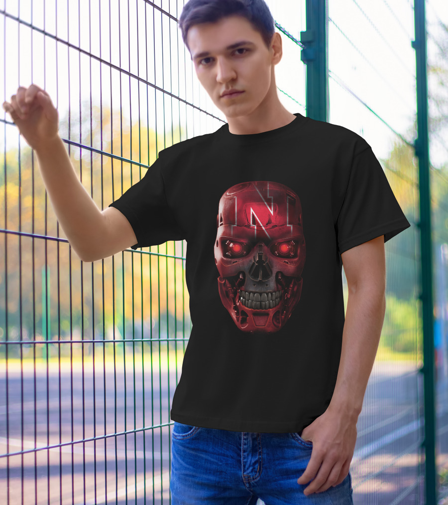 N Red Skull With Robotic Cornhuskers Face T-Shirt