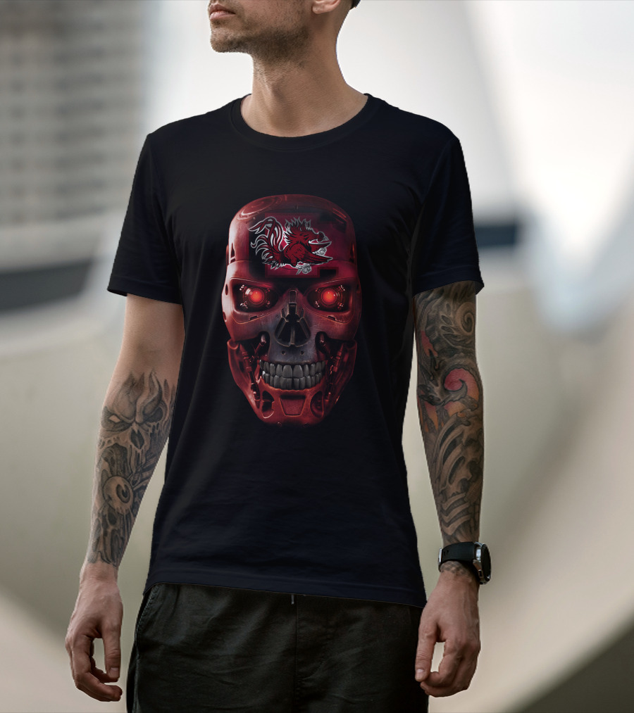 Skull Gamecocks Red Robotic Terminator Face With South Carolina Gamecock T-Shirt
