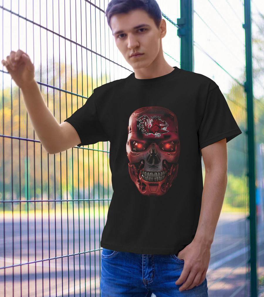 Skull Gamecocks Red Robotic Terminator Face With South Carolina Gamecock T-Shirt