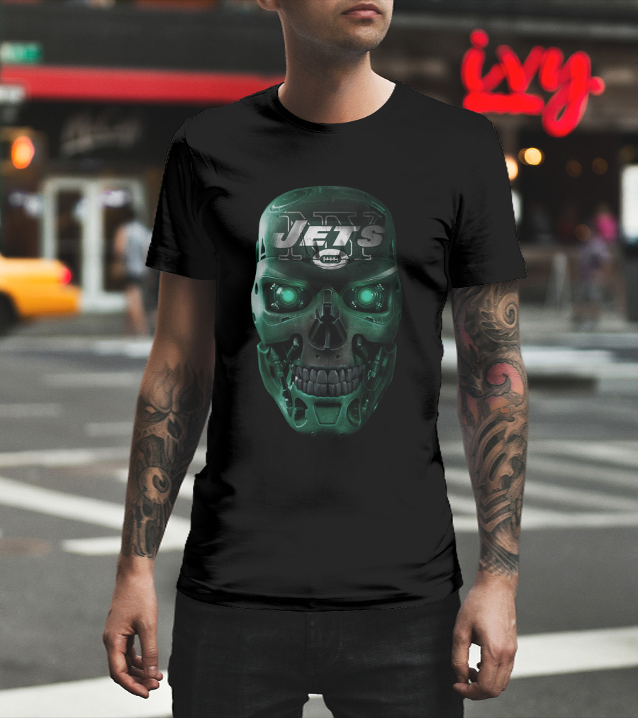 Green Robotic Skull Jets Football T-Shirt