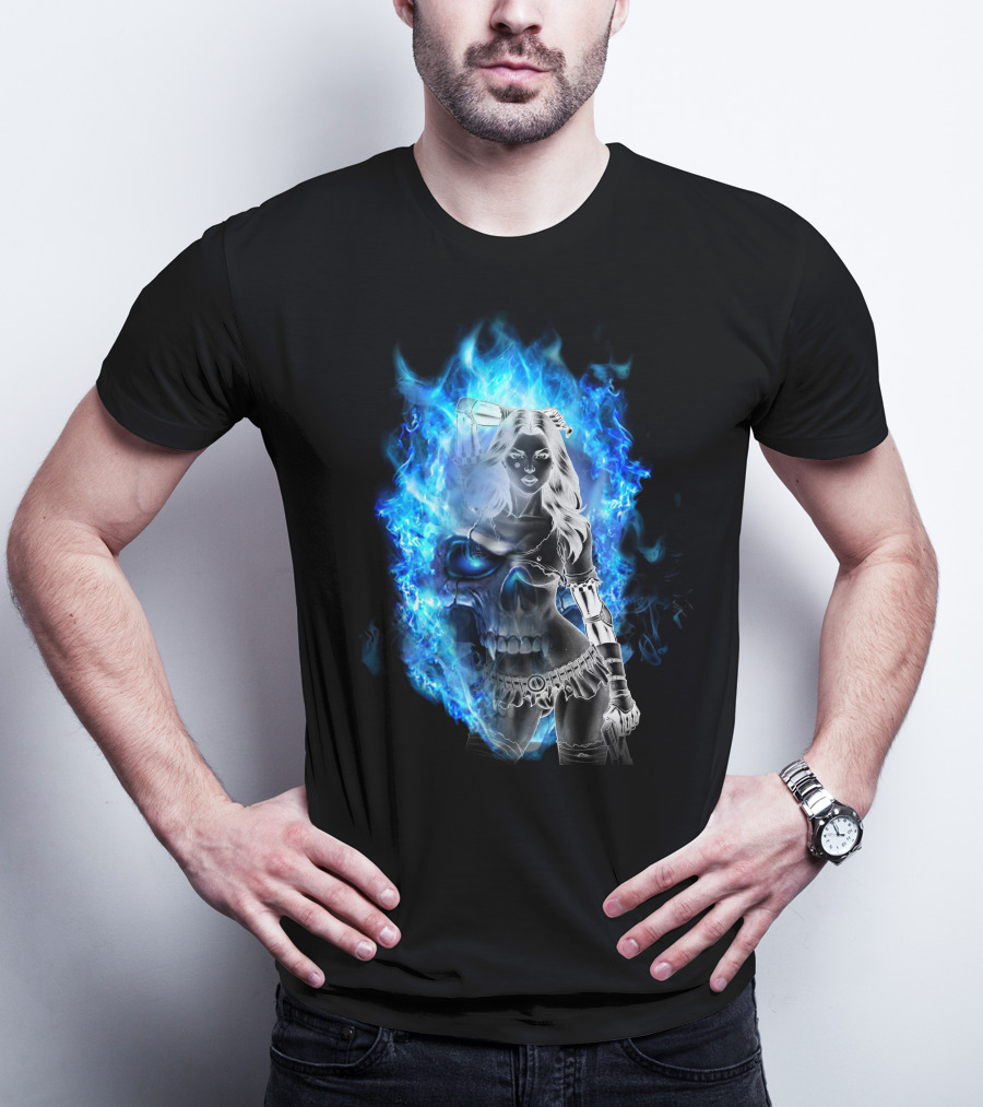 Skull Girl Blue Flames Warrior T-Shirt