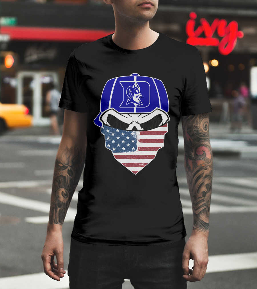 Duke Blue Devils Skulls American Flag Logo Cap Face Mask T-Shirt