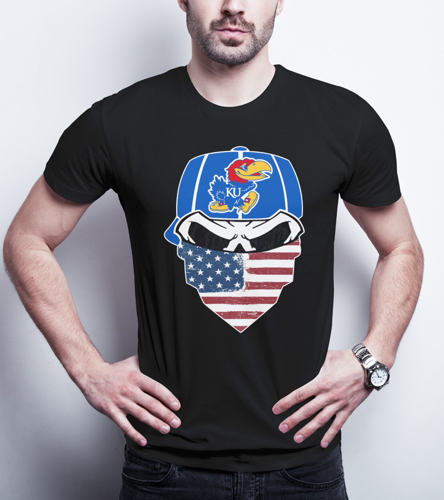 KU Jayhawks Skull American Flag Bandana Cap T-Shirt