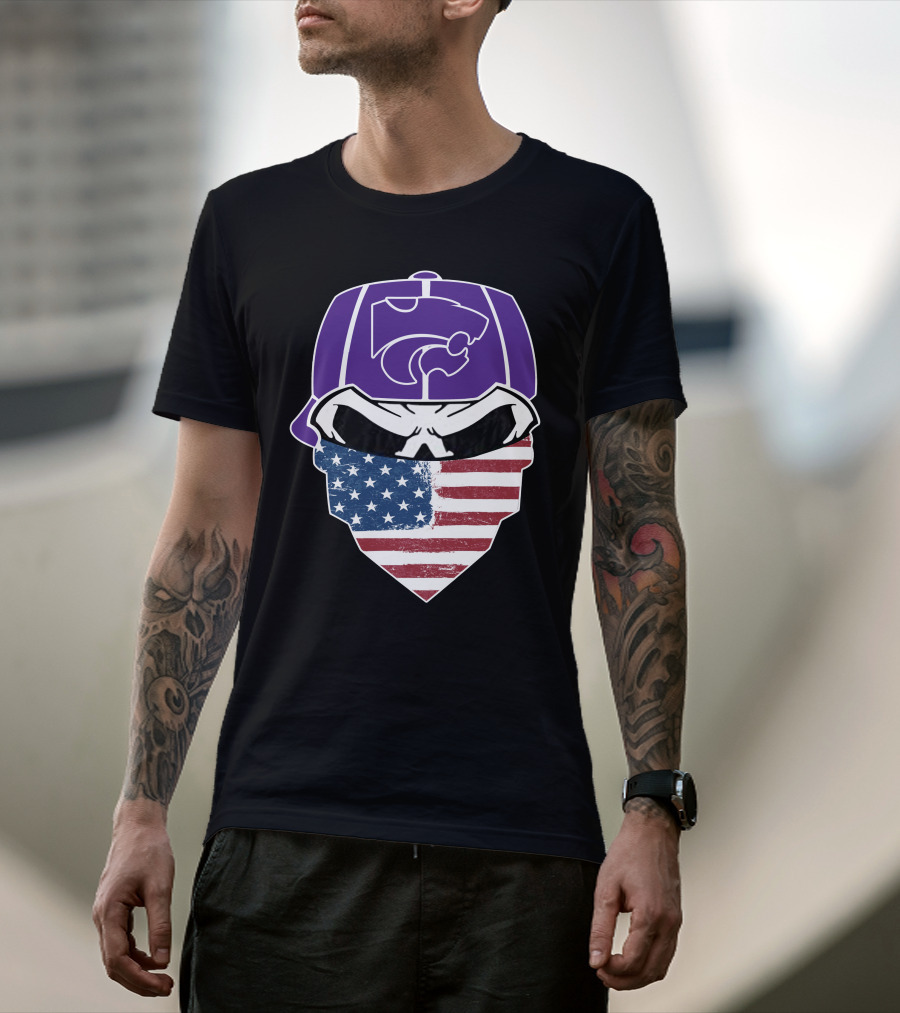 Kansas State Wildcats American Flag Skull Hat T-Shirt