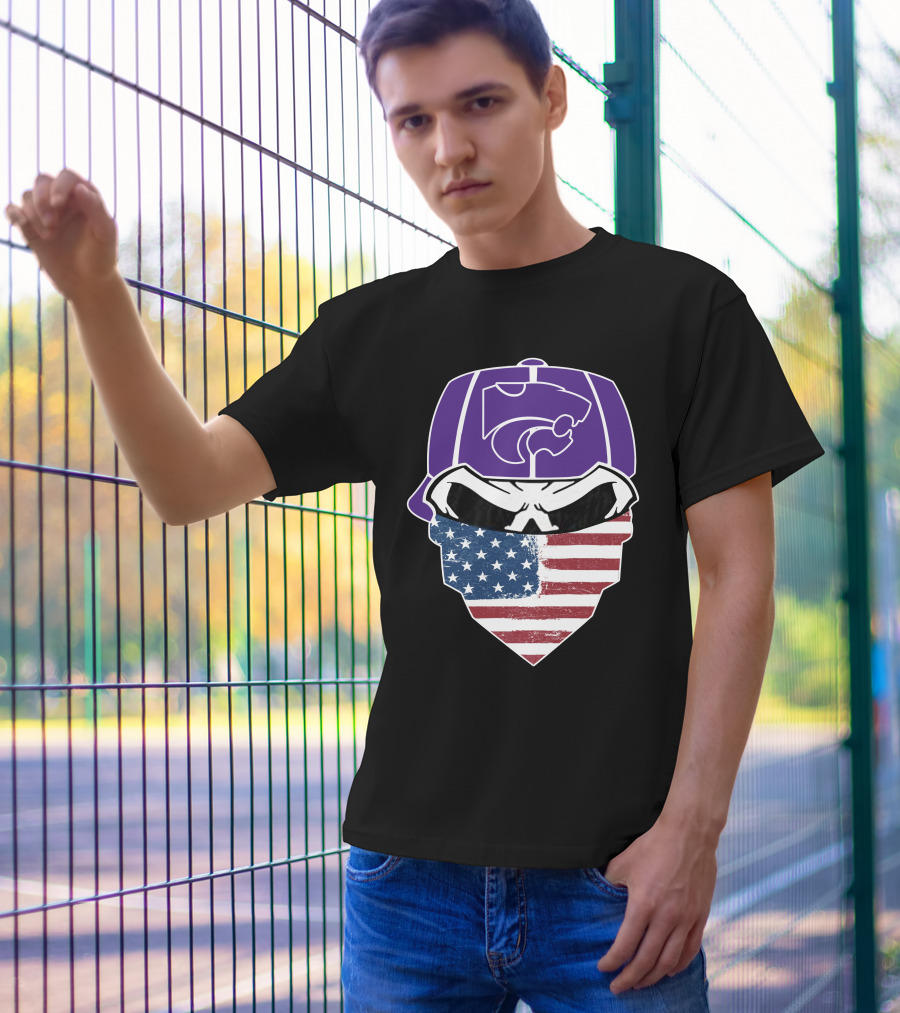Kansas State Wildcats American Flag Skull Hat T-Shirt