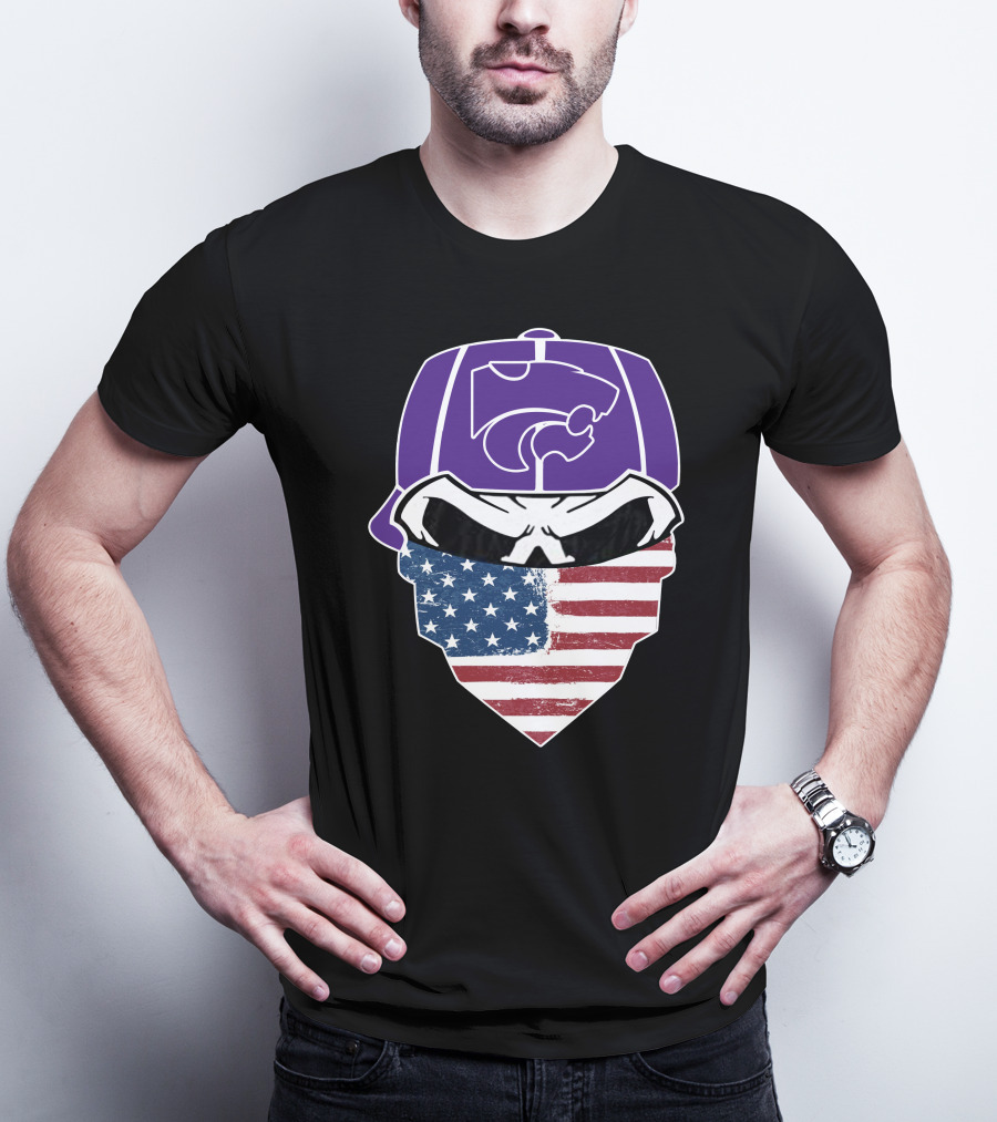 Kansas State Wildcats American Flag Skull Hat T-Shirt