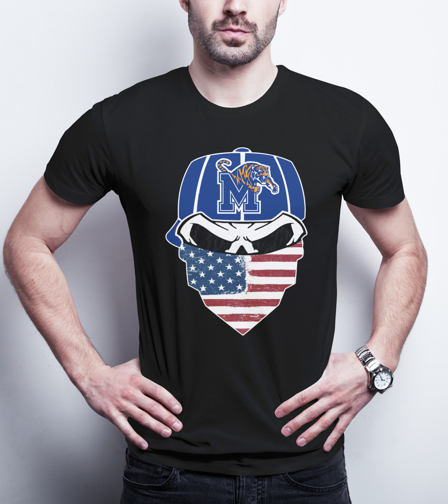 Memphis Tigers Skull Wearing American Flag Bandana With Logo Hat T-Shirt