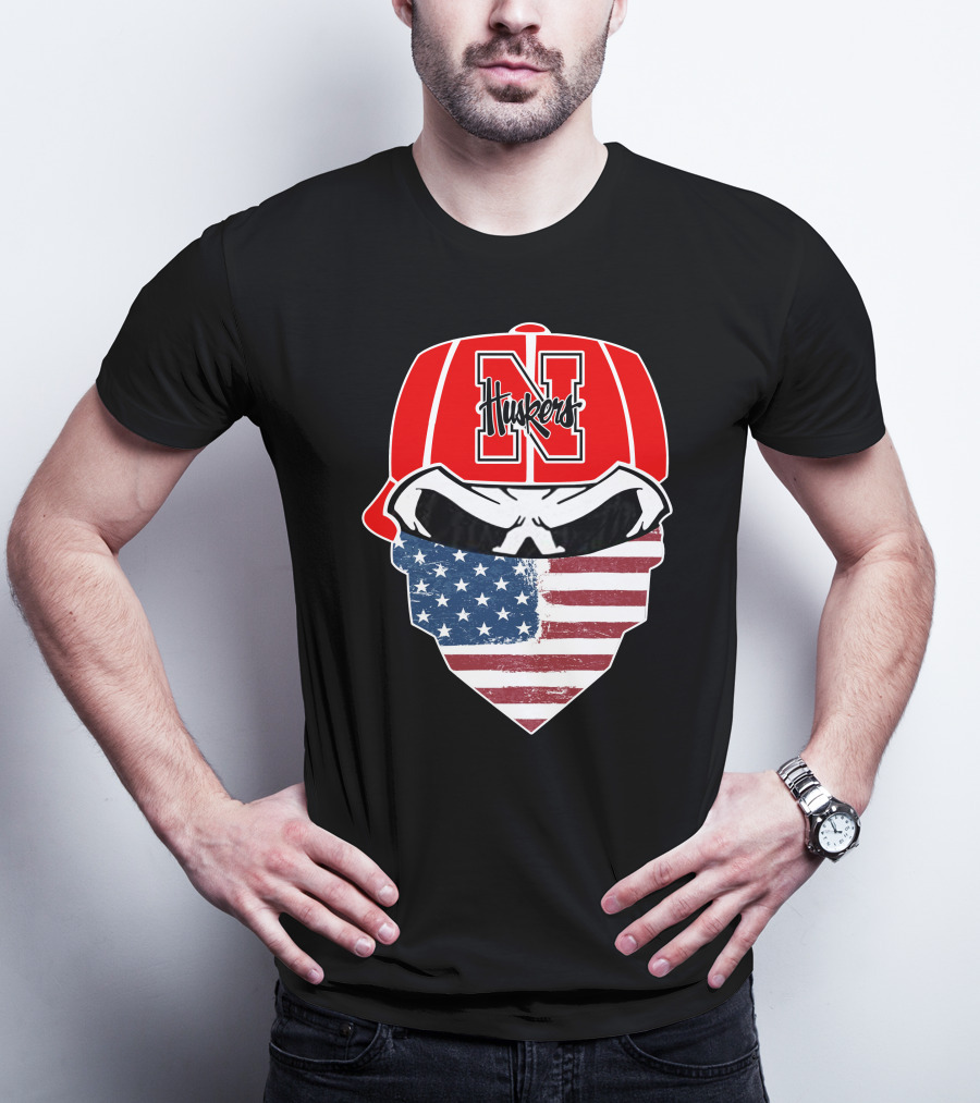 Nebraska Cornhuskers Skuls American Flag Mask N Logo Huskers Hat T-Shirt