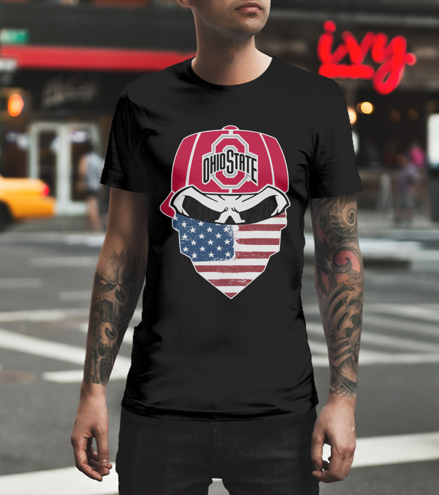 Ohio State Buckeyes Skull American Flag Bandana T-Shirt