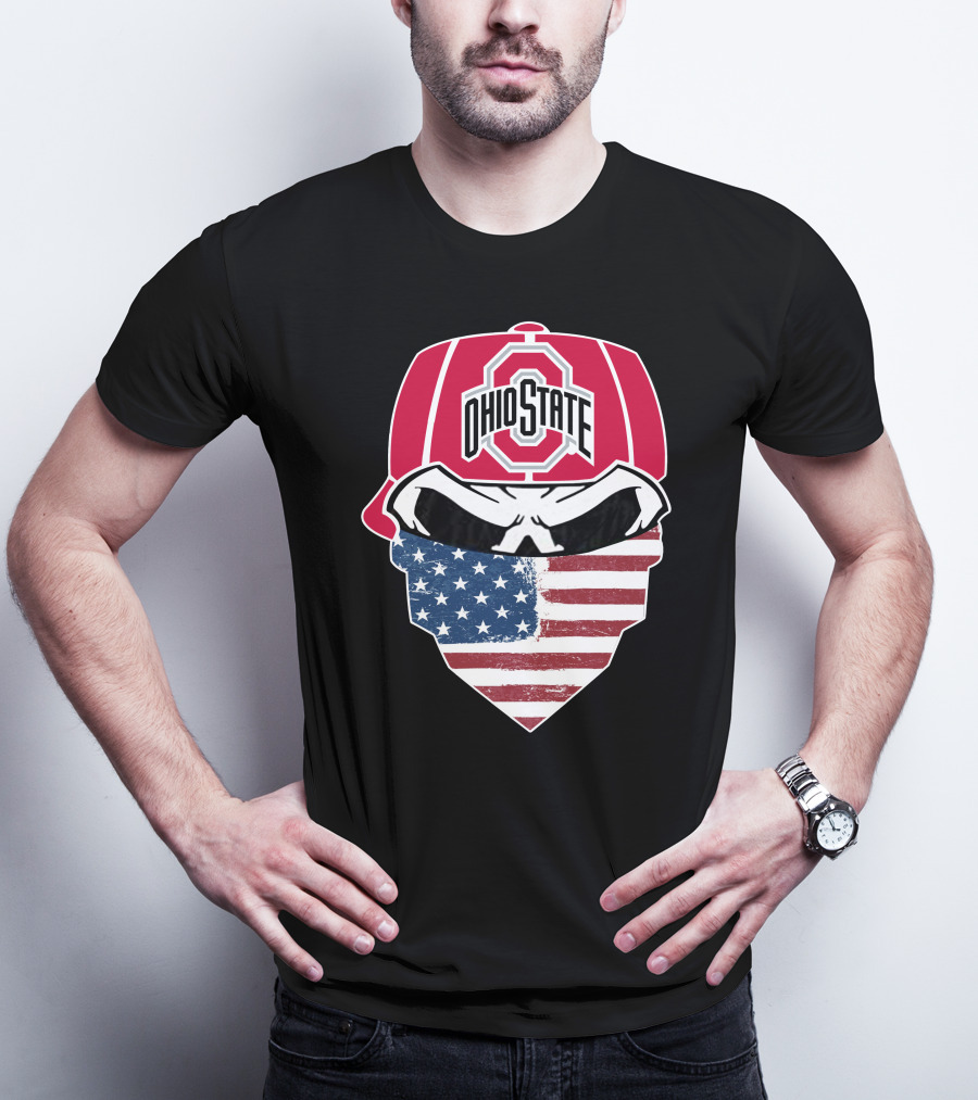 Ohio State Buckeyes Skull American Flag Bandana T-Shirt