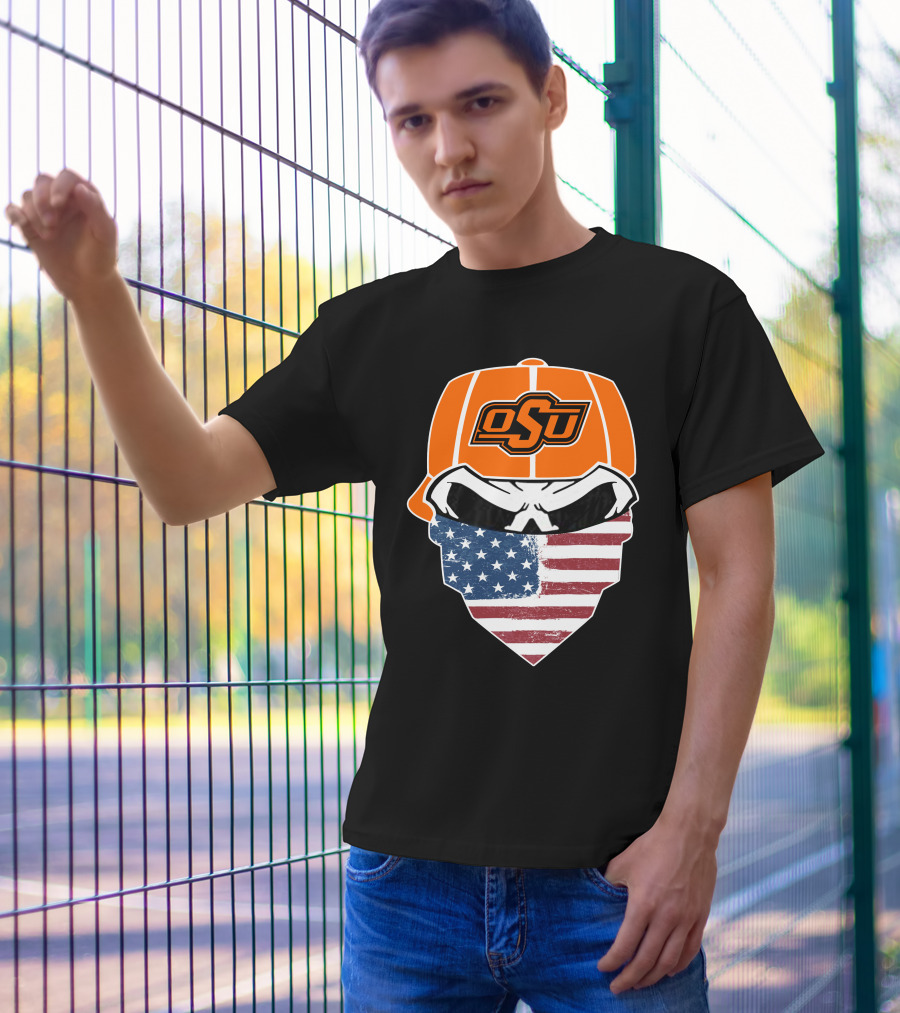 Oklahoma State OSU Skull American Flag Bandana T-Shirt