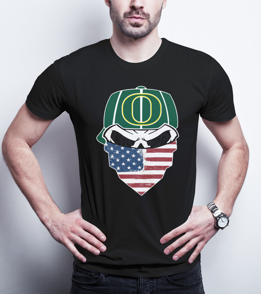 Oregon Ducks Skulls American Flag Mask T-Shirt