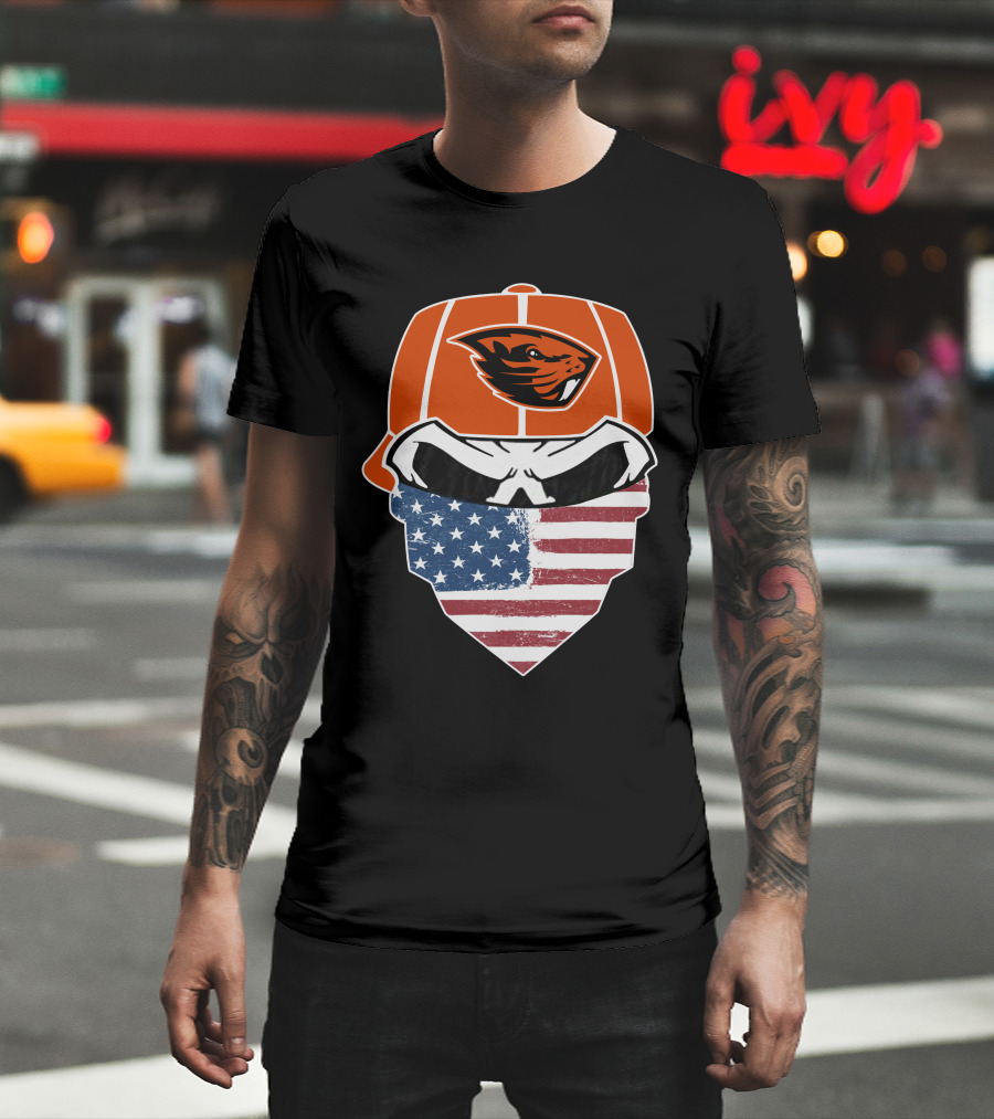 Oregon State Beavers Skull American Flag Bandana T-Shirt