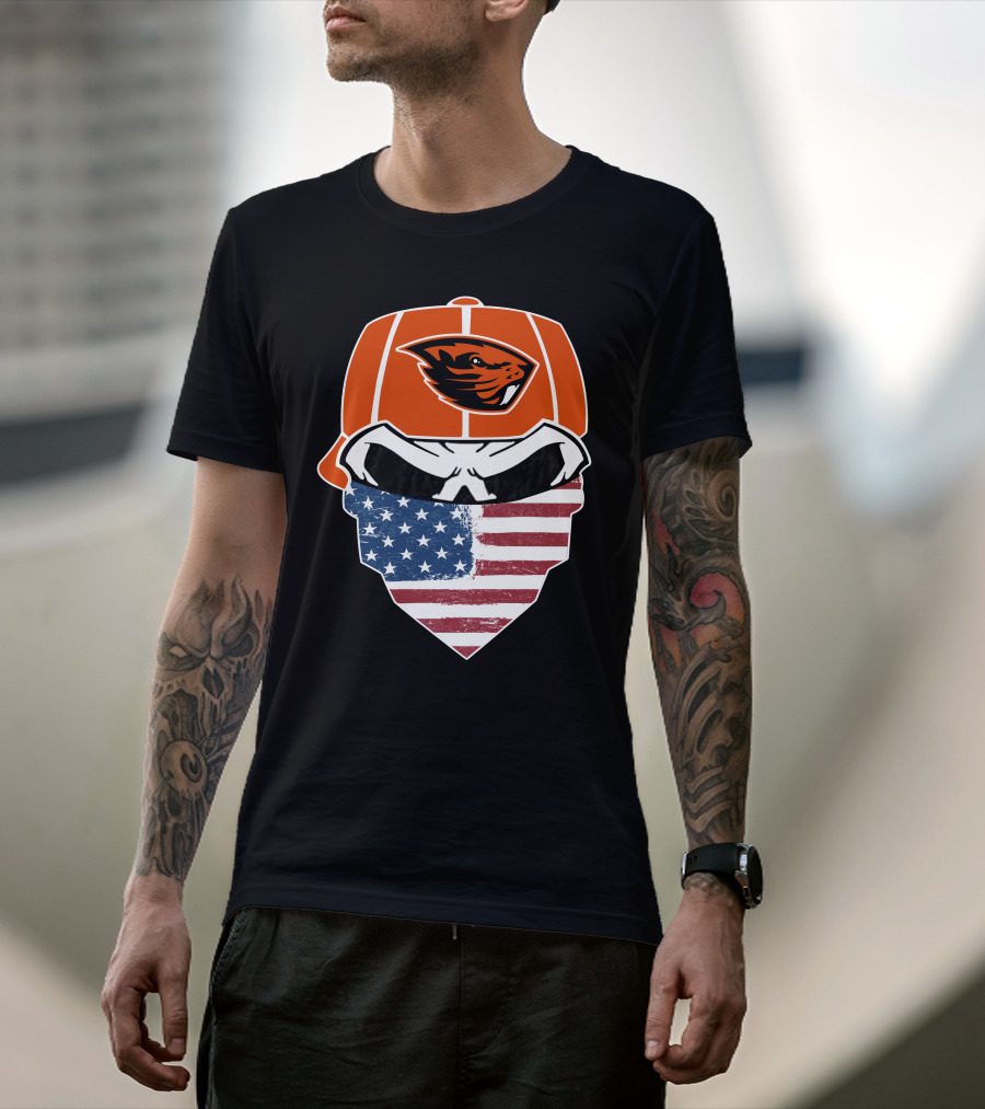 Oregon State Beavers Skull American Flag Bandana T-Shirt