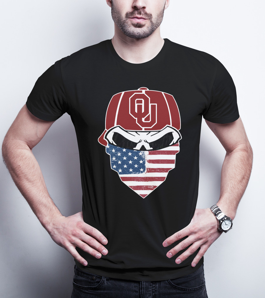 SOONERS Skuls OU American Flag Bandana Skull T-Shirt