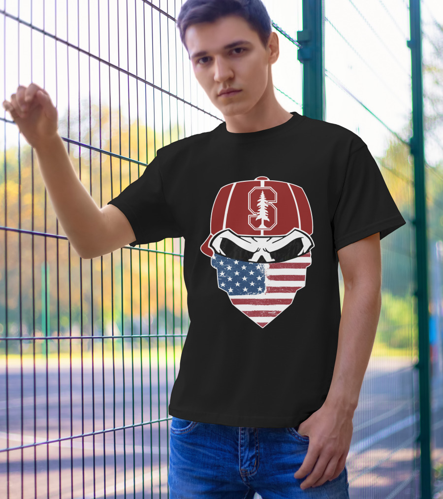 Stanford Cardinal Skuls American Flag Mask T-Shirt