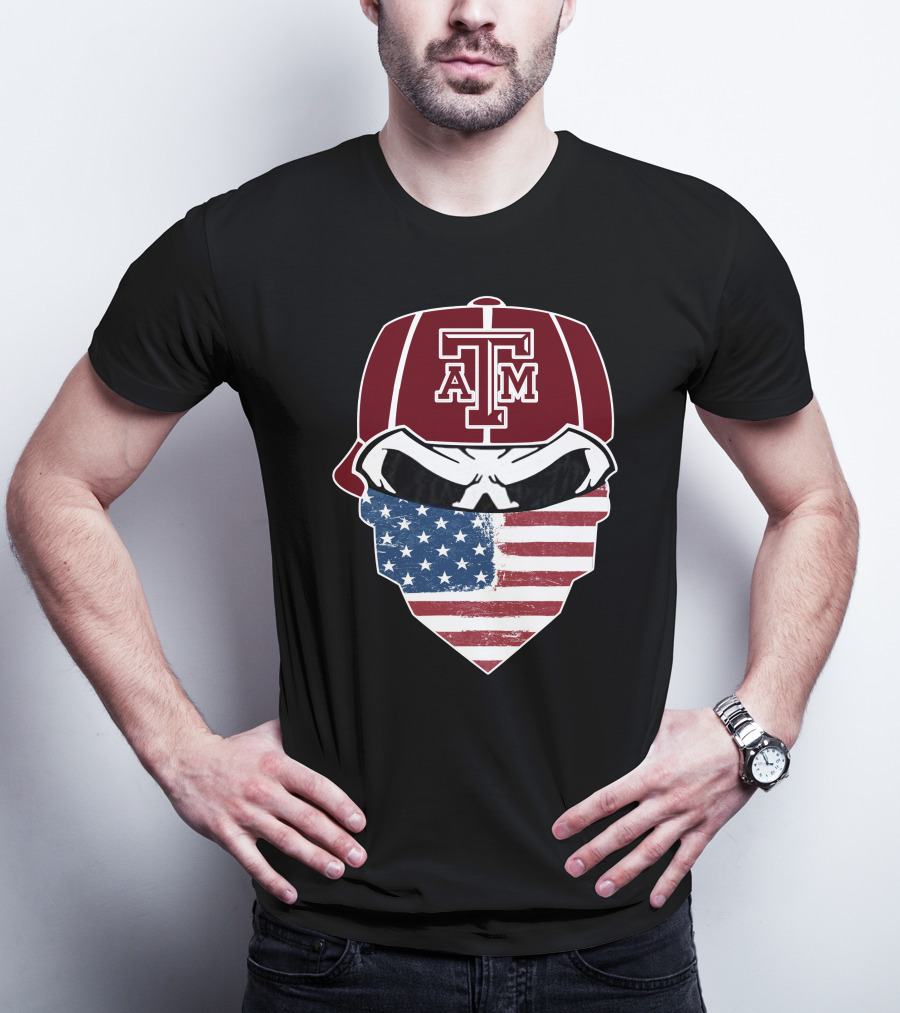 Texas A&M Aggies Skull With American Flag Bandana T-Shirt