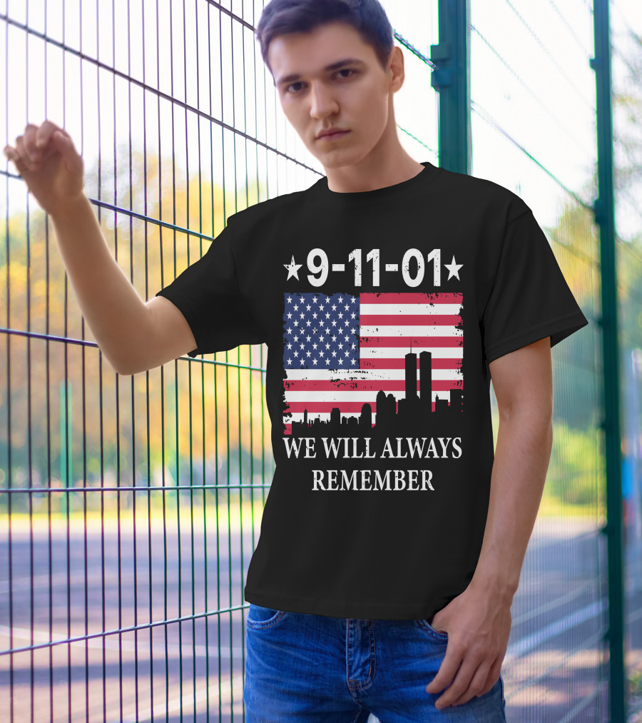 9-11-01 We Will Always Remember Twin Towers American Flag Skyline T-Shirt