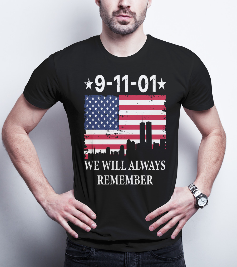 9-11-01 We Will Always Remember Twin Towers American Flag Skyline T-Shirt
