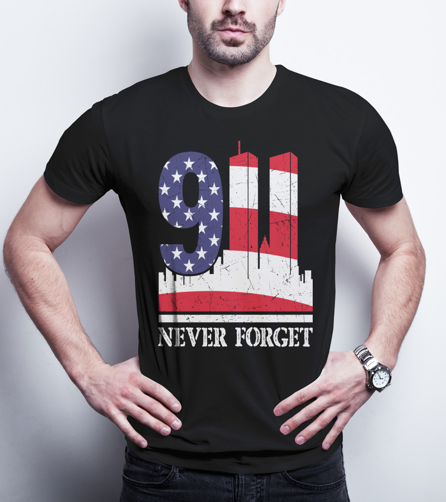9 11 Never Forget Twin Towers American Flag T-Shirt