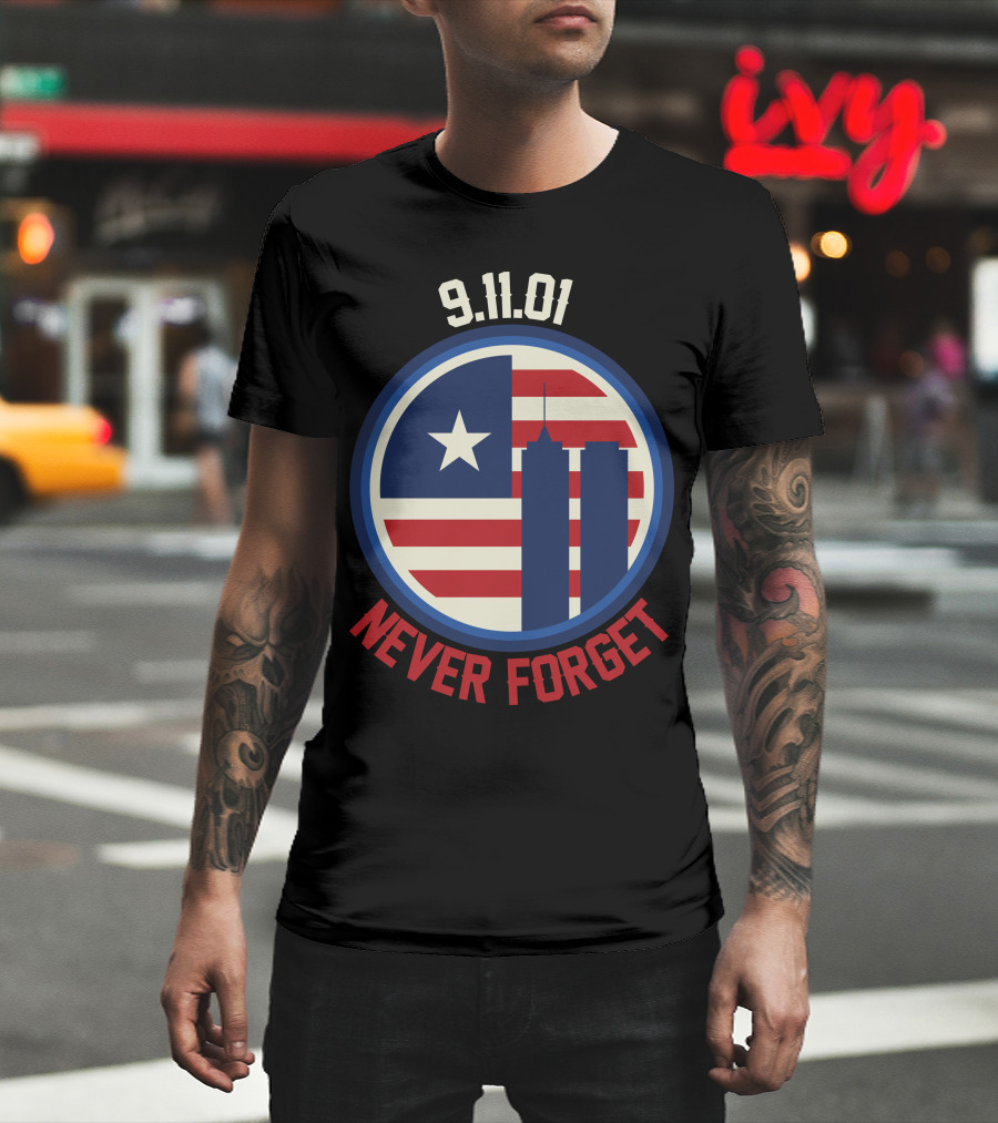 9.11.01 Never Forget Twin Towers American Flag Star T-Shirt