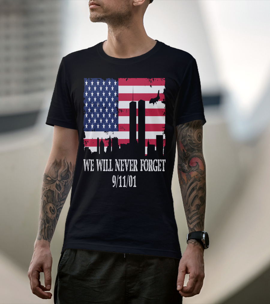 We Will Never Forget 9/11/01 American Flag Twin Towers T-Shirt