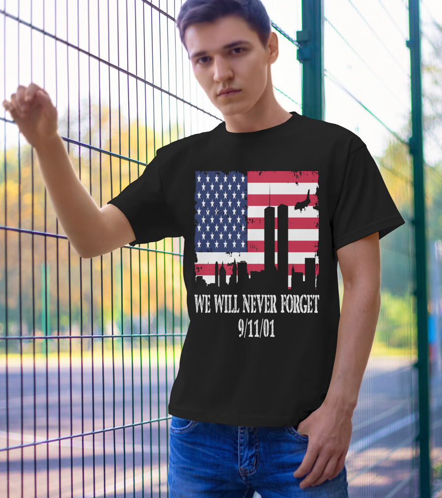 We Will Never Forget 9/11/01 American Flag Twin Towers T-Shirt