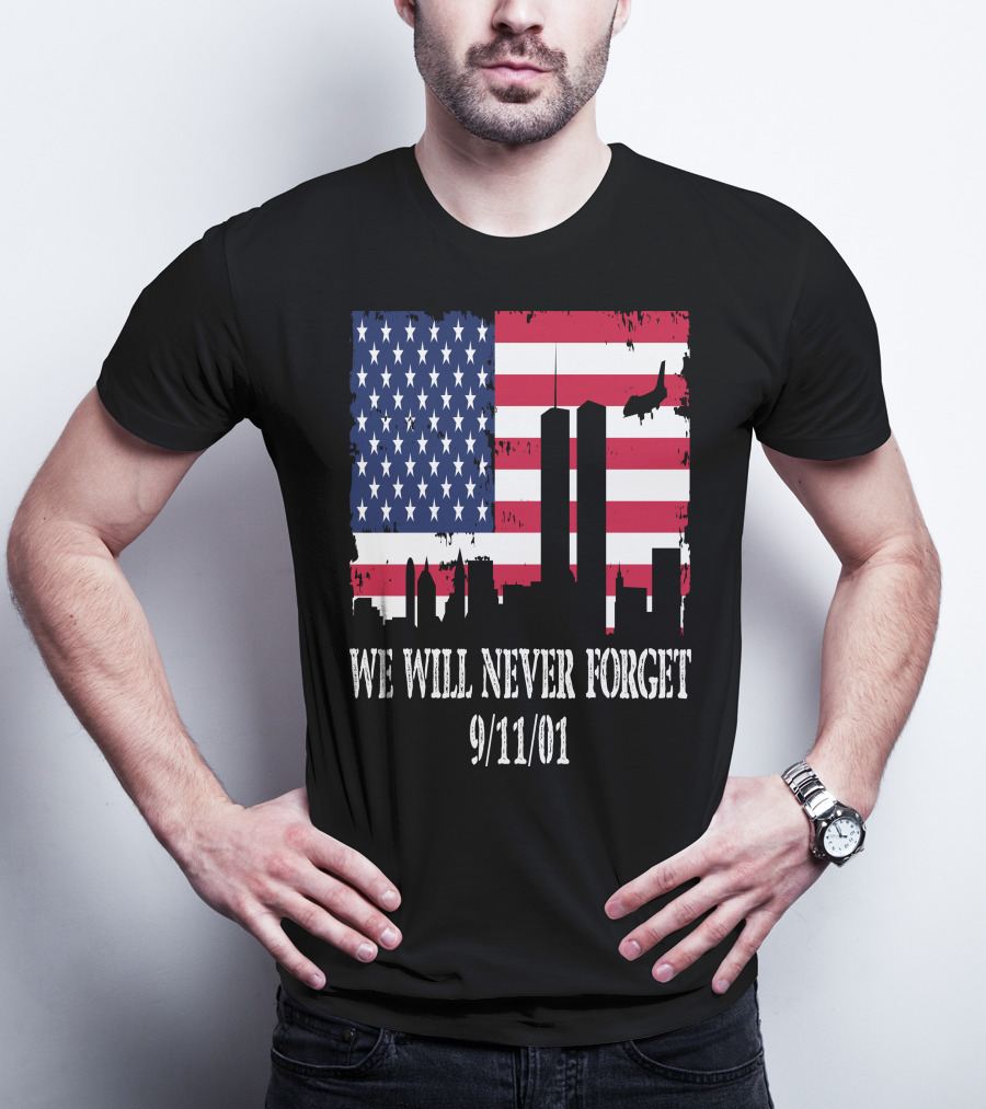 We Will Never Forget 9/11/01 American Flag Twin Towers T-Shirt