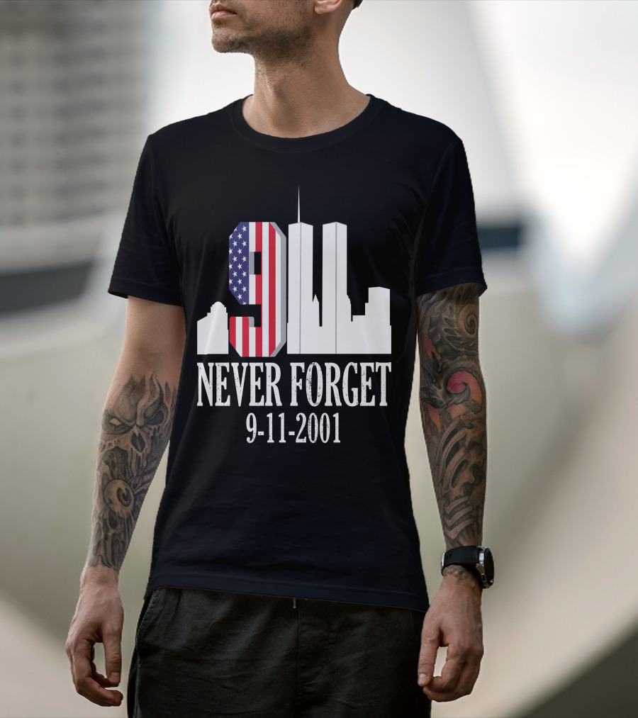 Never Forget 9-11-2001 American Flag Twin Towers Skyline T-Shirt