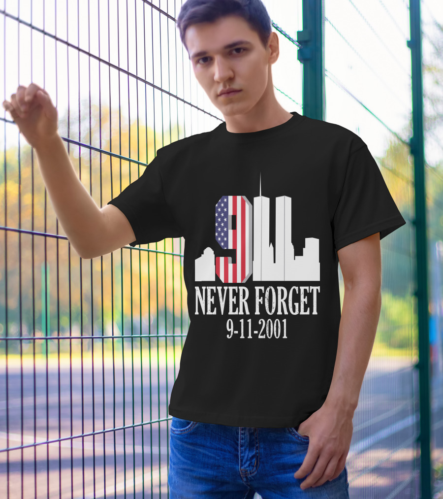 Never Forget 9-11-2001 American Flag Twin Towers Skyline T-Shirt