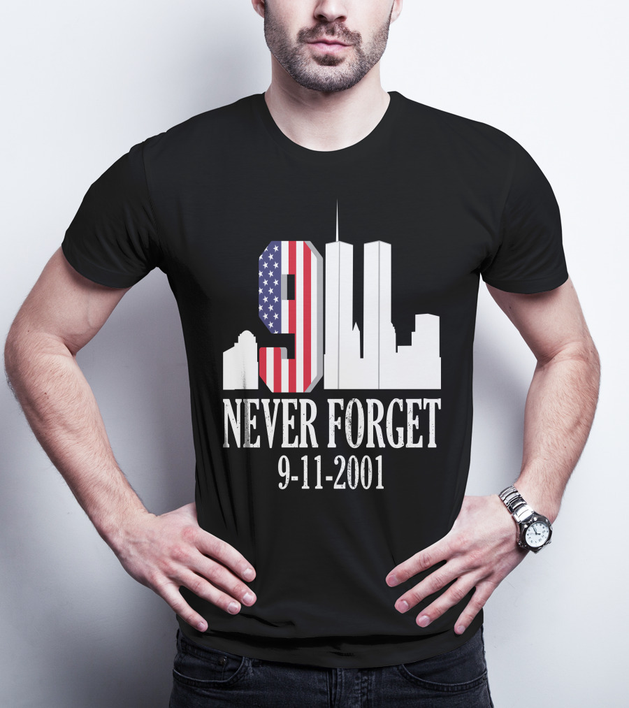 Never Forget 9-11-2001 American Flag Twin Towers Skyline T-Shirt