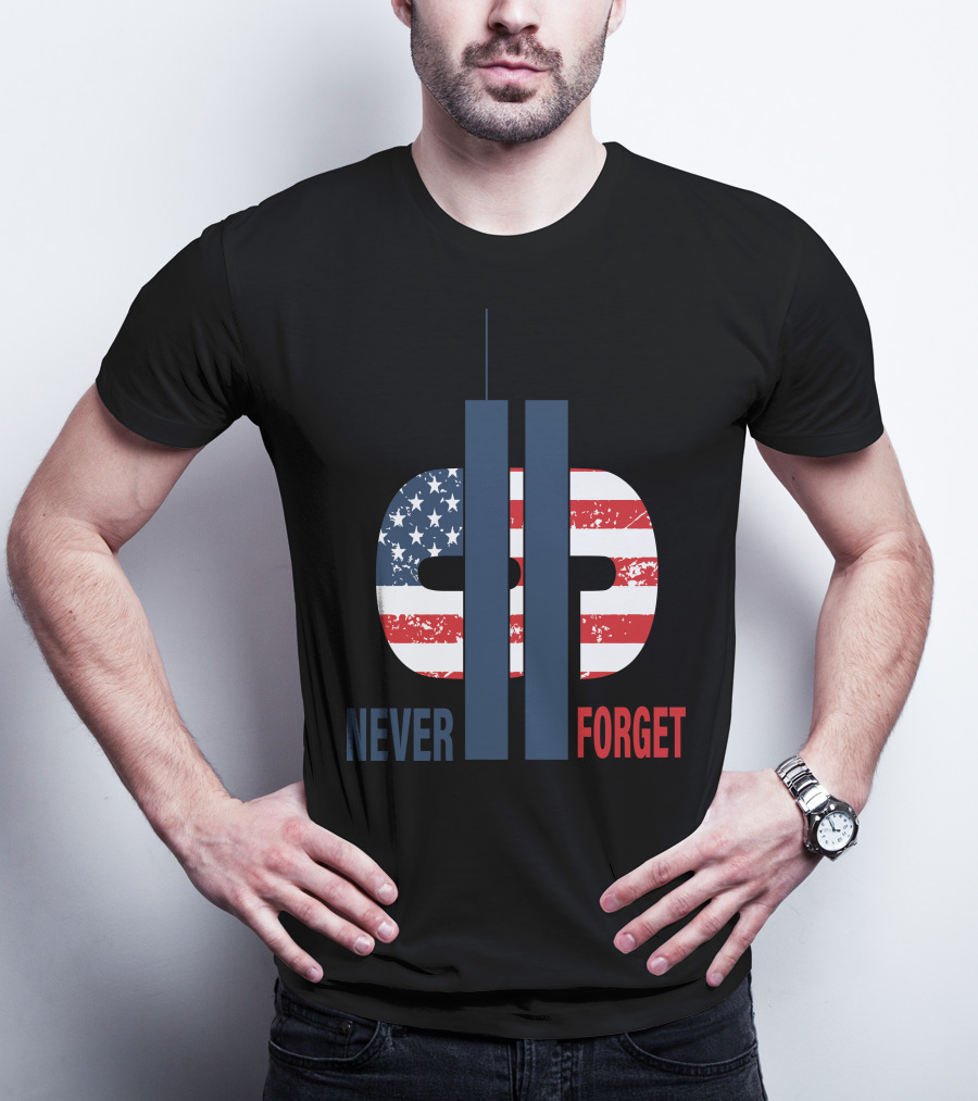 Never Forget 9.11 American Flag Tribute With Twin Towers Symbol T-Shirt