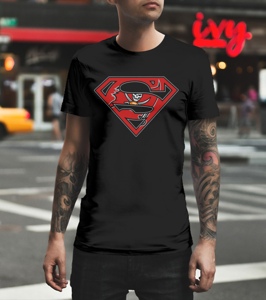 Superman Logo With Buccaneers Pirate Flag Skull And Swords T-Shirt