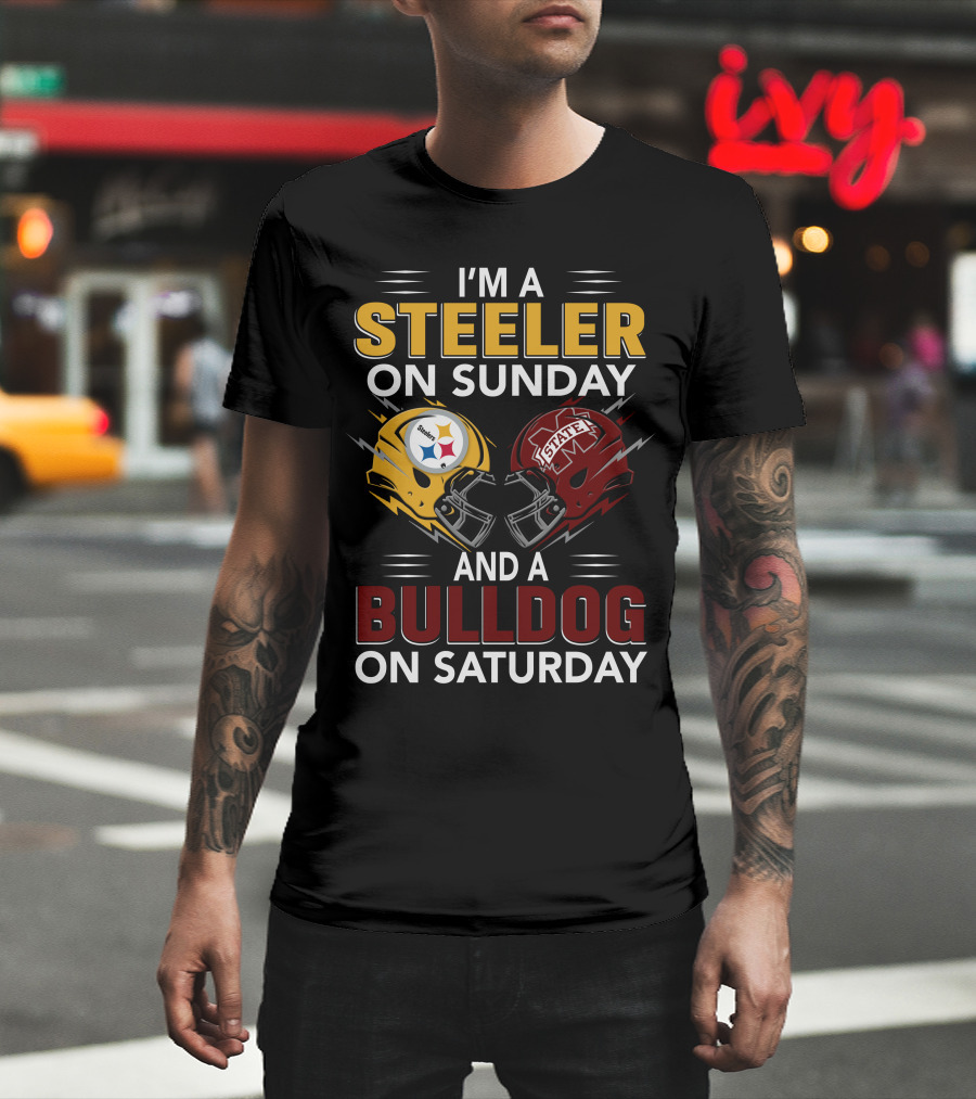 I'm A Steeler On Sunday And A Bulldog On Saturday Football Helmet Design With Team Logos T-Shirt