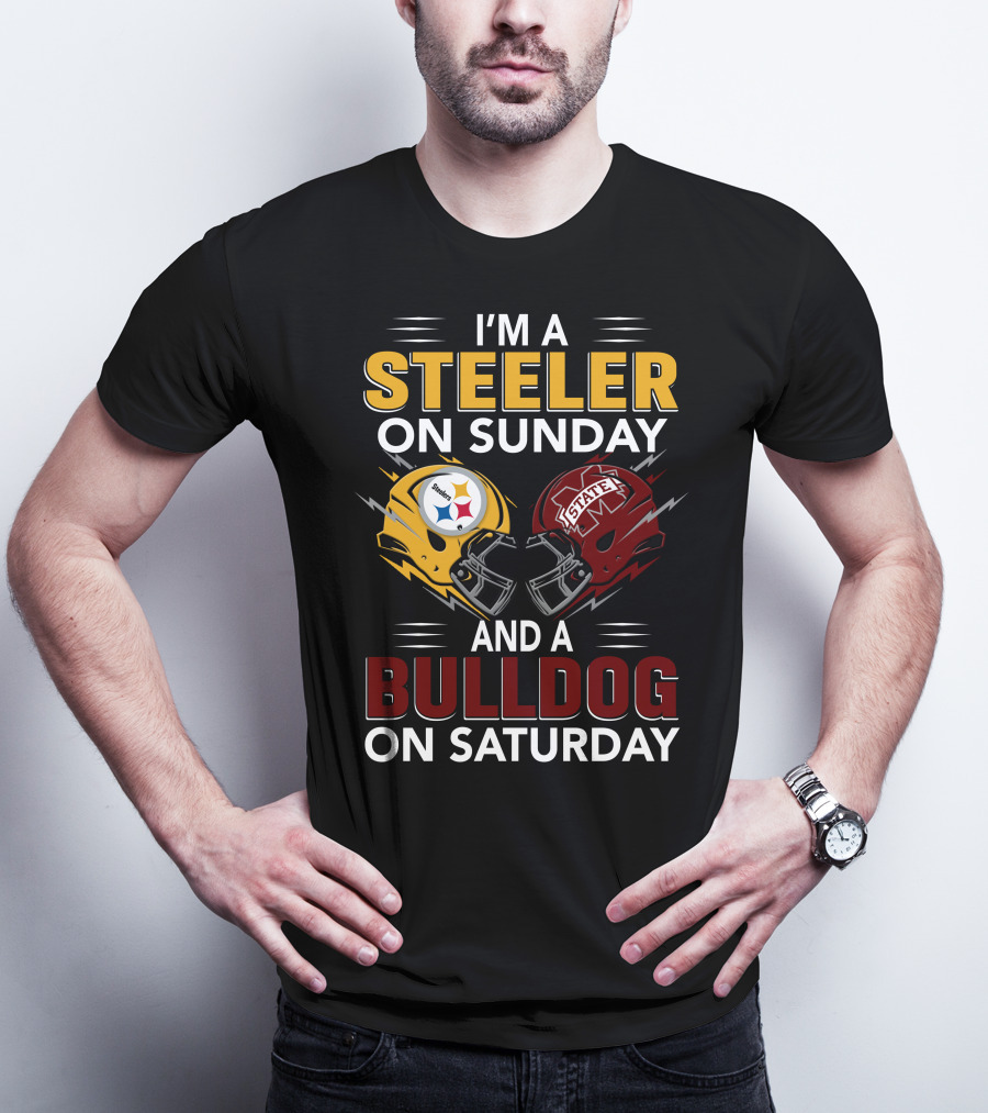I'm A Steeler On Sunday And A Bulldog On Saturday Football Helmet Design With Team Logos T-Shirt