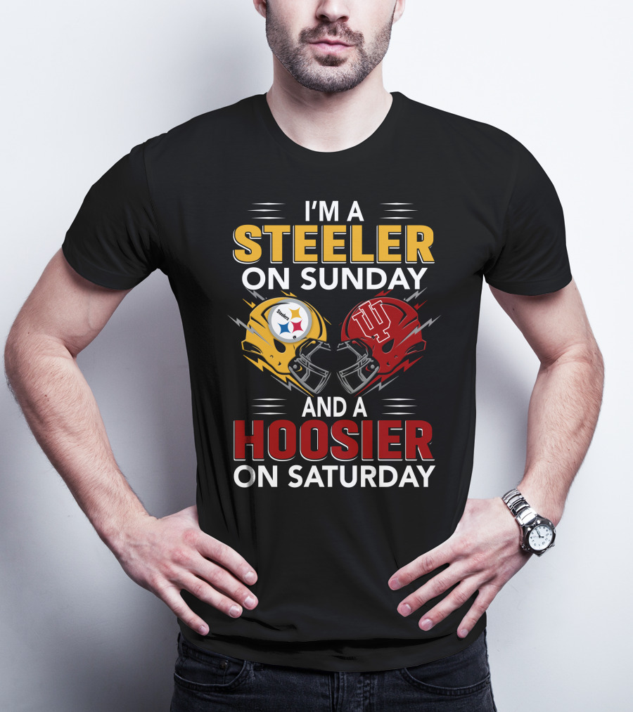 I'm A Steeler On Sunday And A Hoosier On Saturday Football Helmets Collide T-Shirt