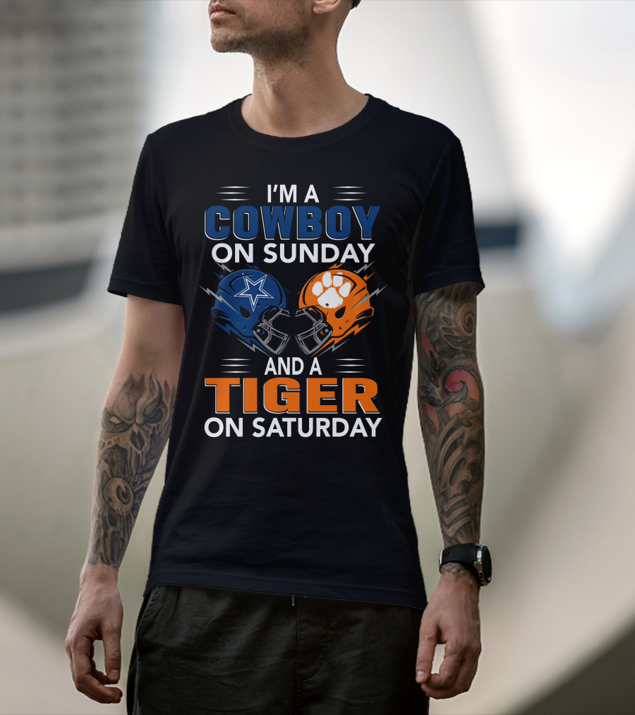 I'm A Cowboy On Sunday And A Tiger On Saturday Football Helmets Rivalry T-Shirt