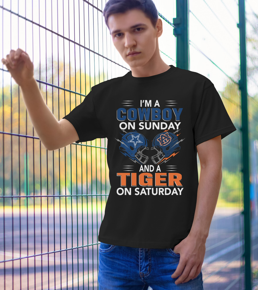 I'm A Cowboy On Sunday And A Tiger On Saturday Dallas Football Auburn Foam Helmets Fan Spirit T-Shirt