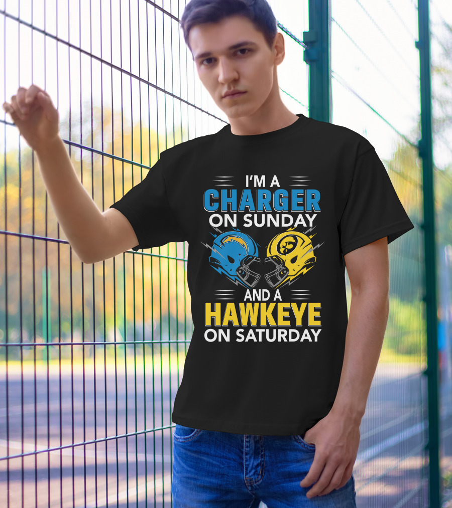 I'm A Charger On Sunday And A Hawkeye On Saturday Football Helmets T-Shirt