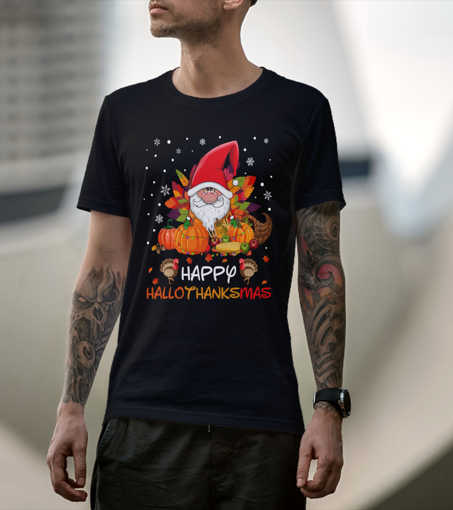 Happy HalloThanksMas Santa Hat Pumpkins Turkeys Cornucopia Snowflakes T-Shirt