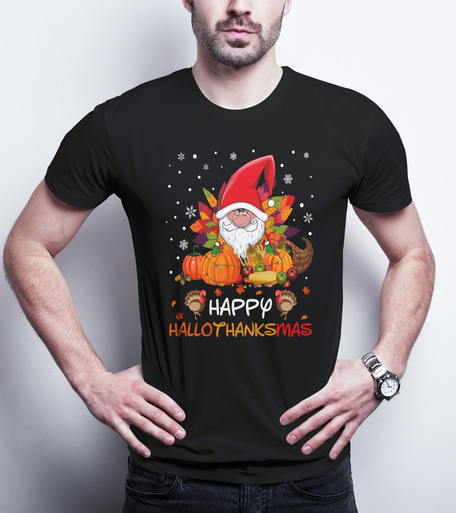 Happy HalloThanksMas Santa Hat Pumpkins Turkeys Cornucopia Snowflakes T-Shirt