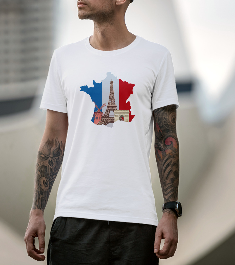 France Map With Eiffel Tower And Moulin Rouge On Tricolor Flag T-Shirt